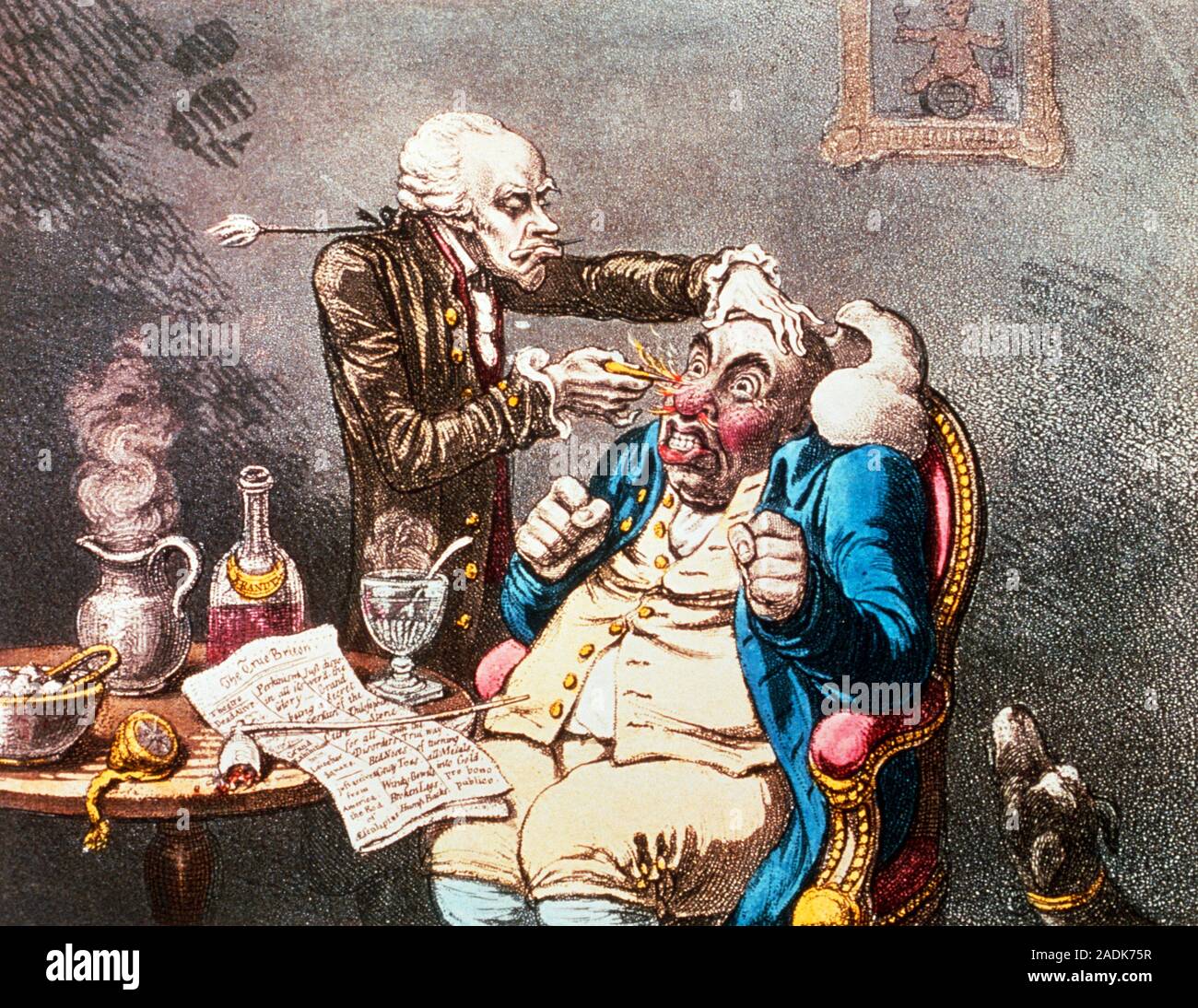Physician caricature. Caricature of a physician treating lumps on a man ...
