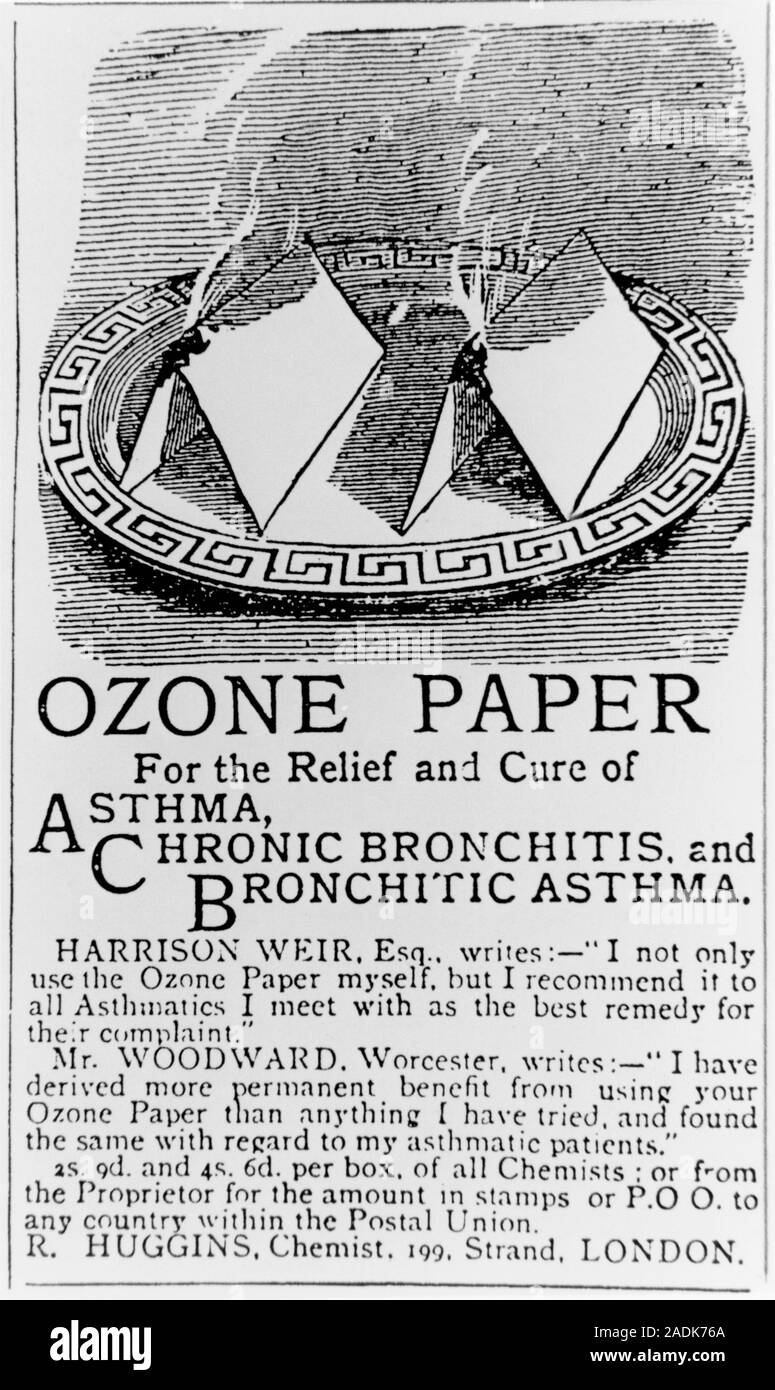 Ozone paper. Advertisement for ozone paper from the 1880s. Inhalatation of the smoke released ...