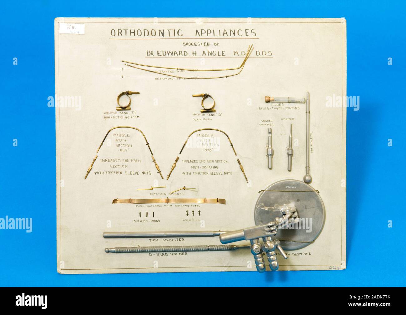 Historical orthodontic equipment mounted on a display. These implements ...