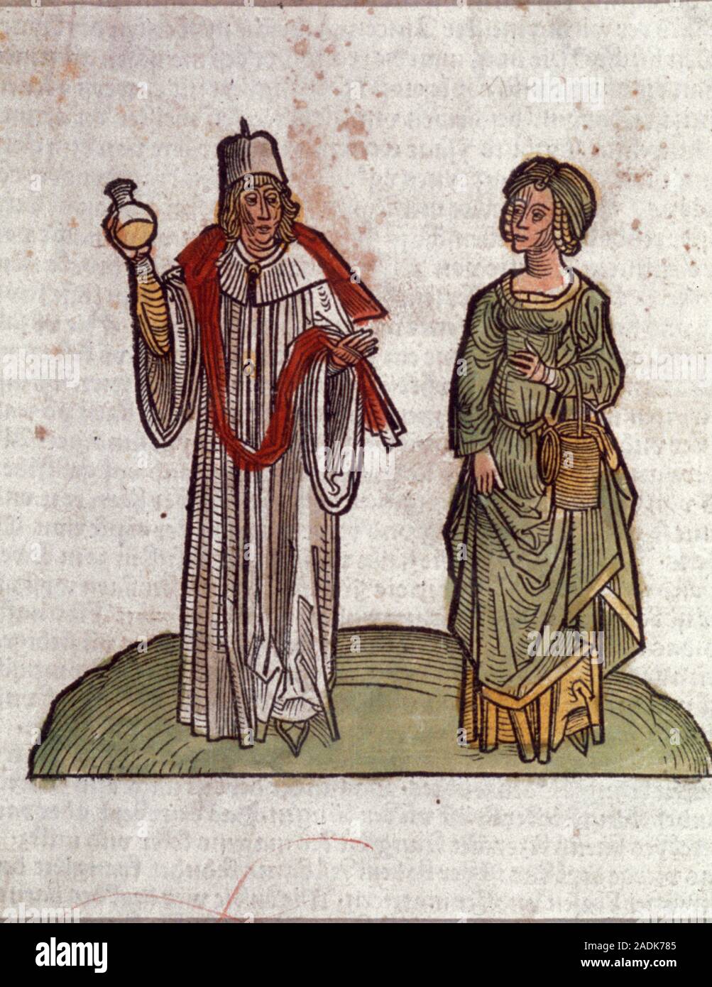 Early urine testing. Historical artwork of a doctor holding a urine ...