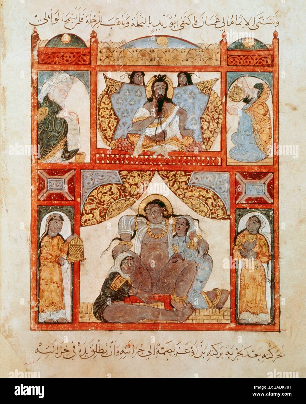 Childbirth. Medieval illustration of a woman giving birth to a child ...