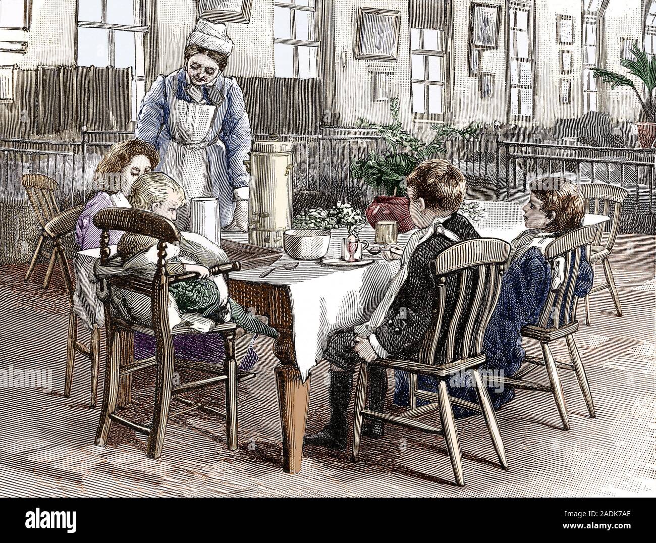 Childrens' ward. Historical artwork of mealtime on a children's ward at ...