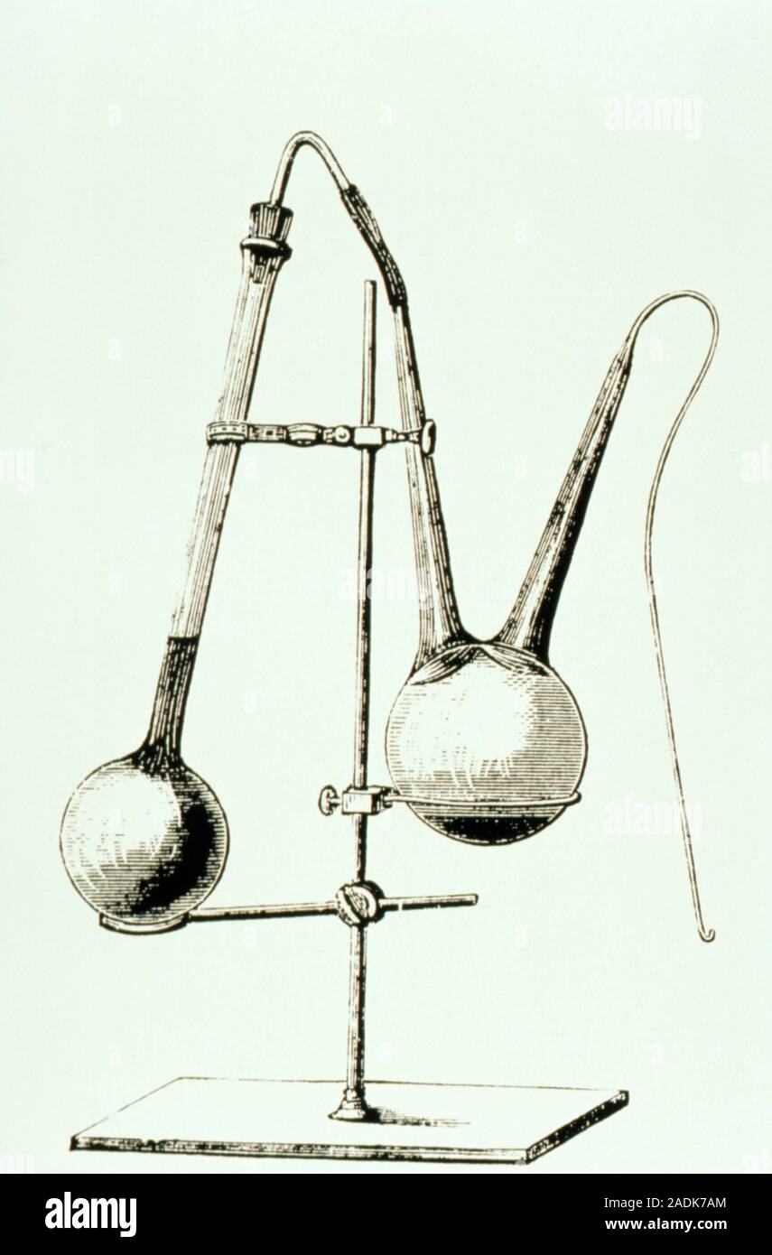 Engraving of the apparatus used by Louis Pasteur (1822-1895) in one of ...