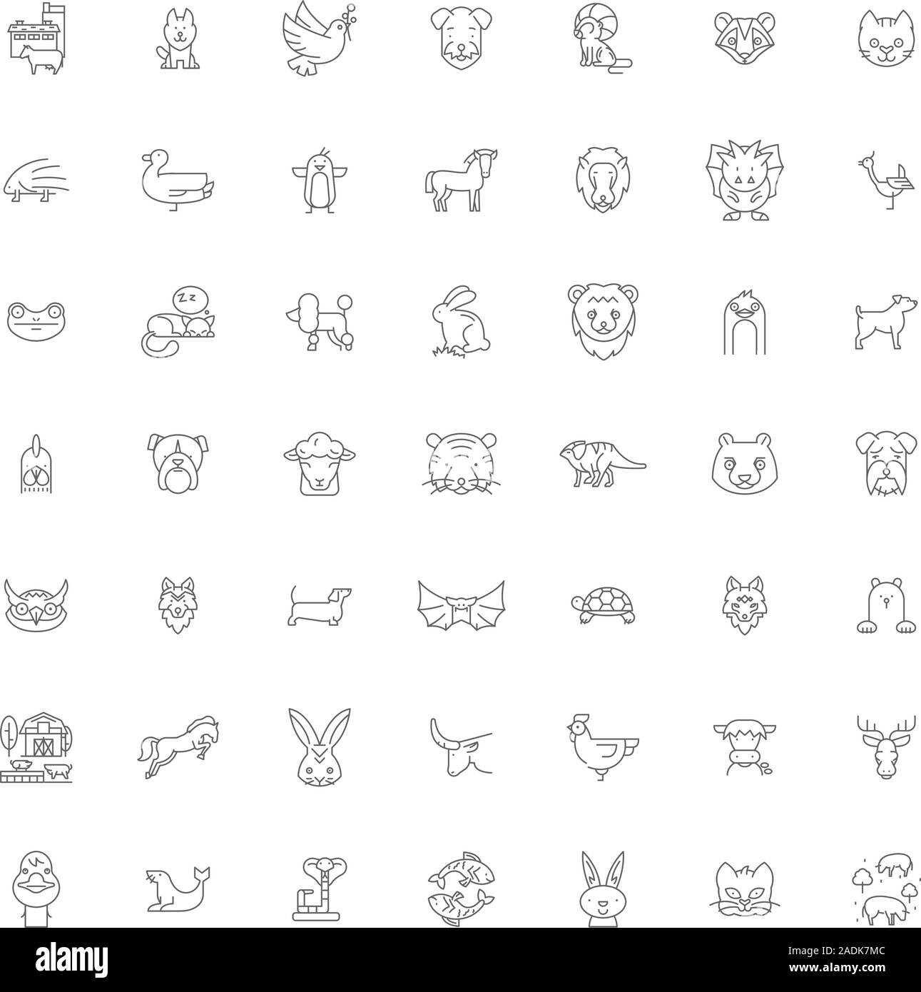 Cartoon animals line icons, signs, symbols vector, linear illustration ...
