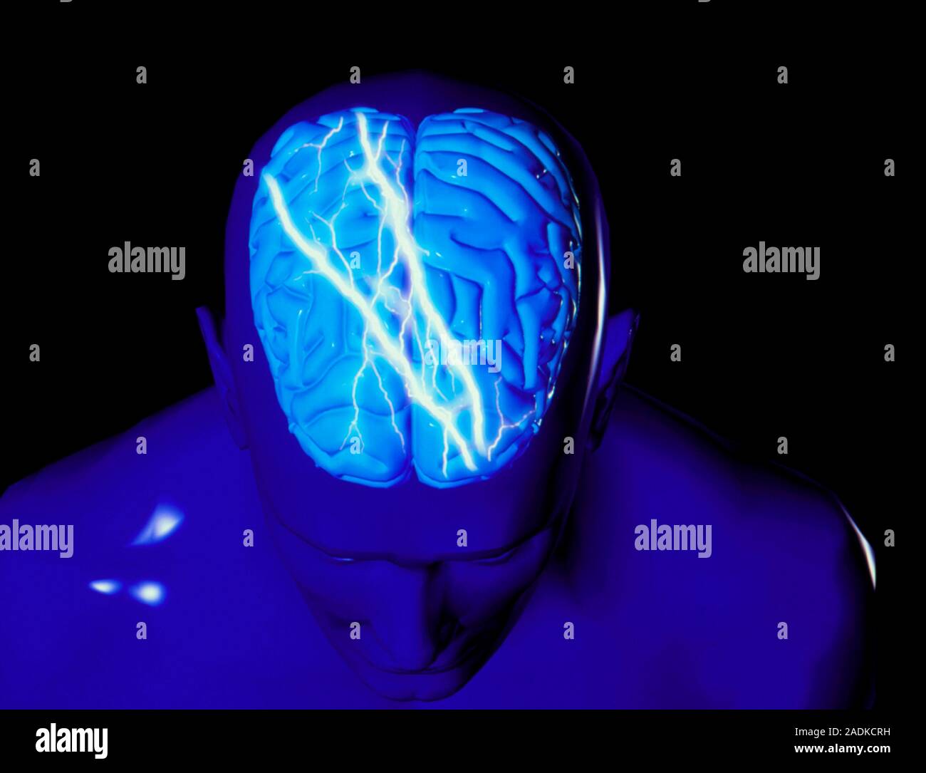 Brain with lightning bolts. Three-dimensional computer graphic of a top ...
