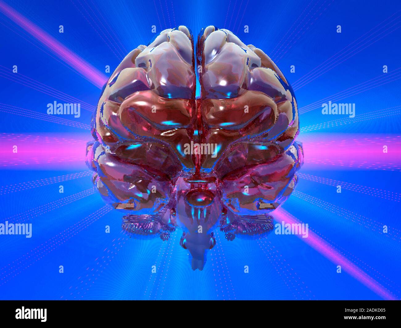 Human brain and beams of light, conceptual image. This is a frontal ...