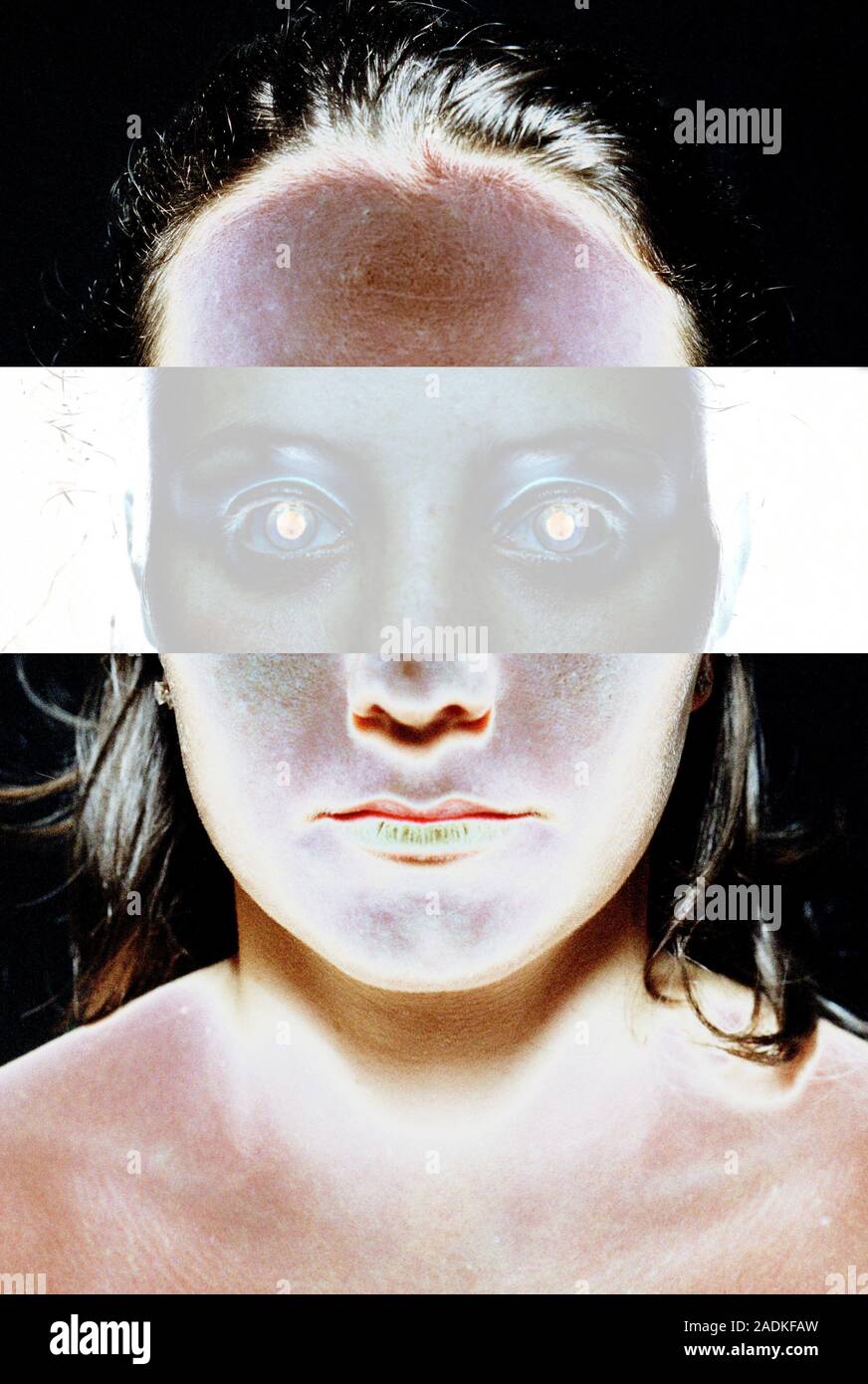 Vision. Woman's face with her eyes highlighted as a negative image ...