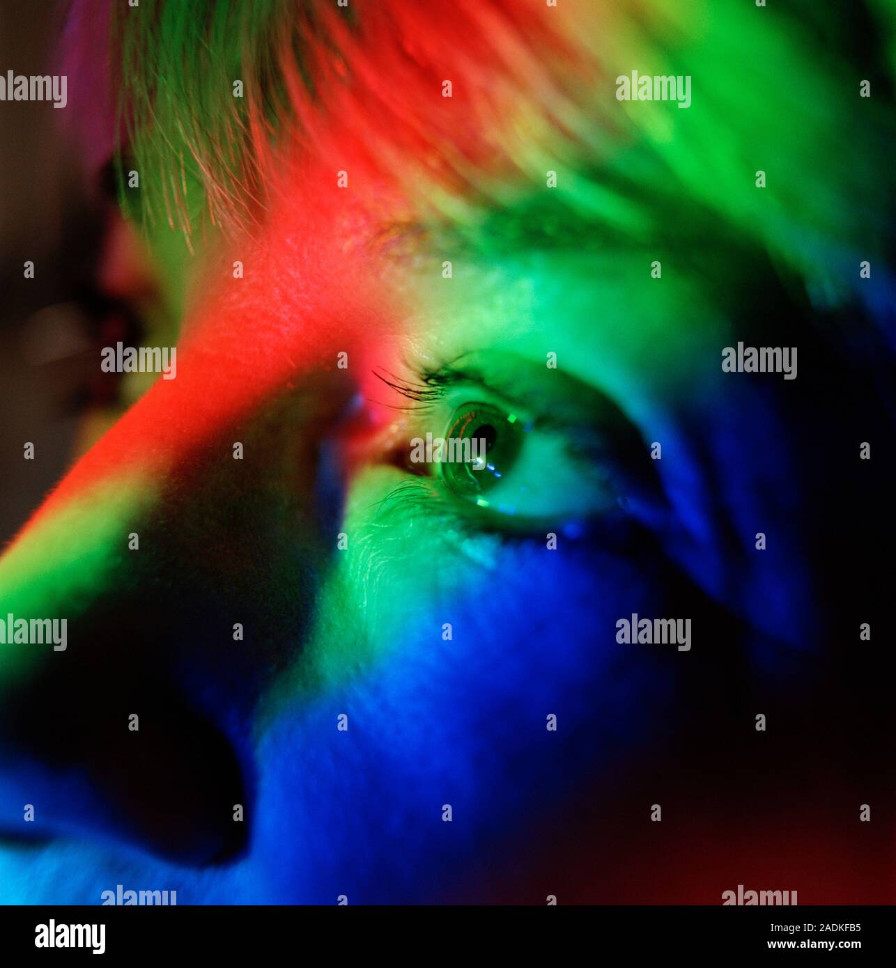 Colour vision. Conceptual image of red, green and blue light shining on ...