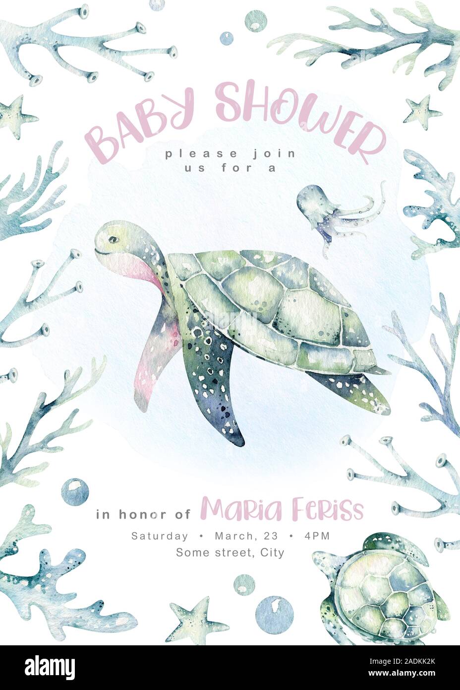 sea animals aquarium baby shower poster. Blue watercolor ocean fish ...