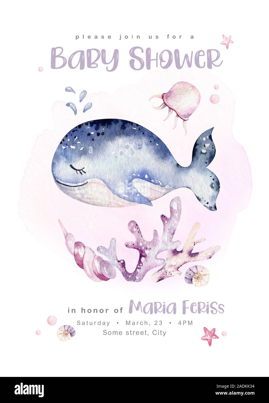 sea animals aquarium baby shower poster. Blue watercolor ocean fish ...