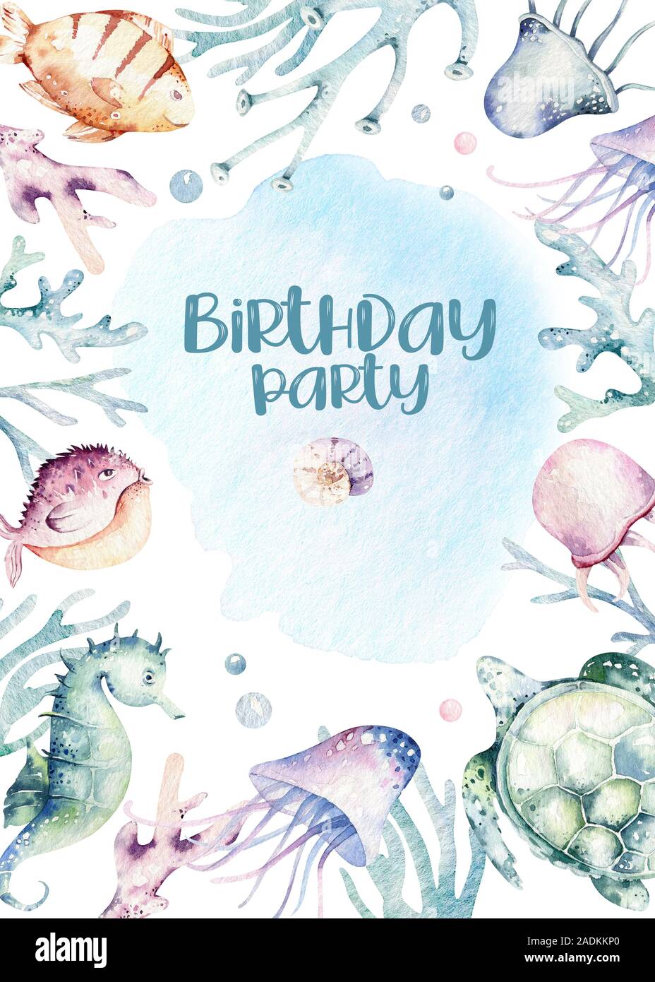 sea animals aquarium baby happy birthday poster. Blue watercolor ocean ...