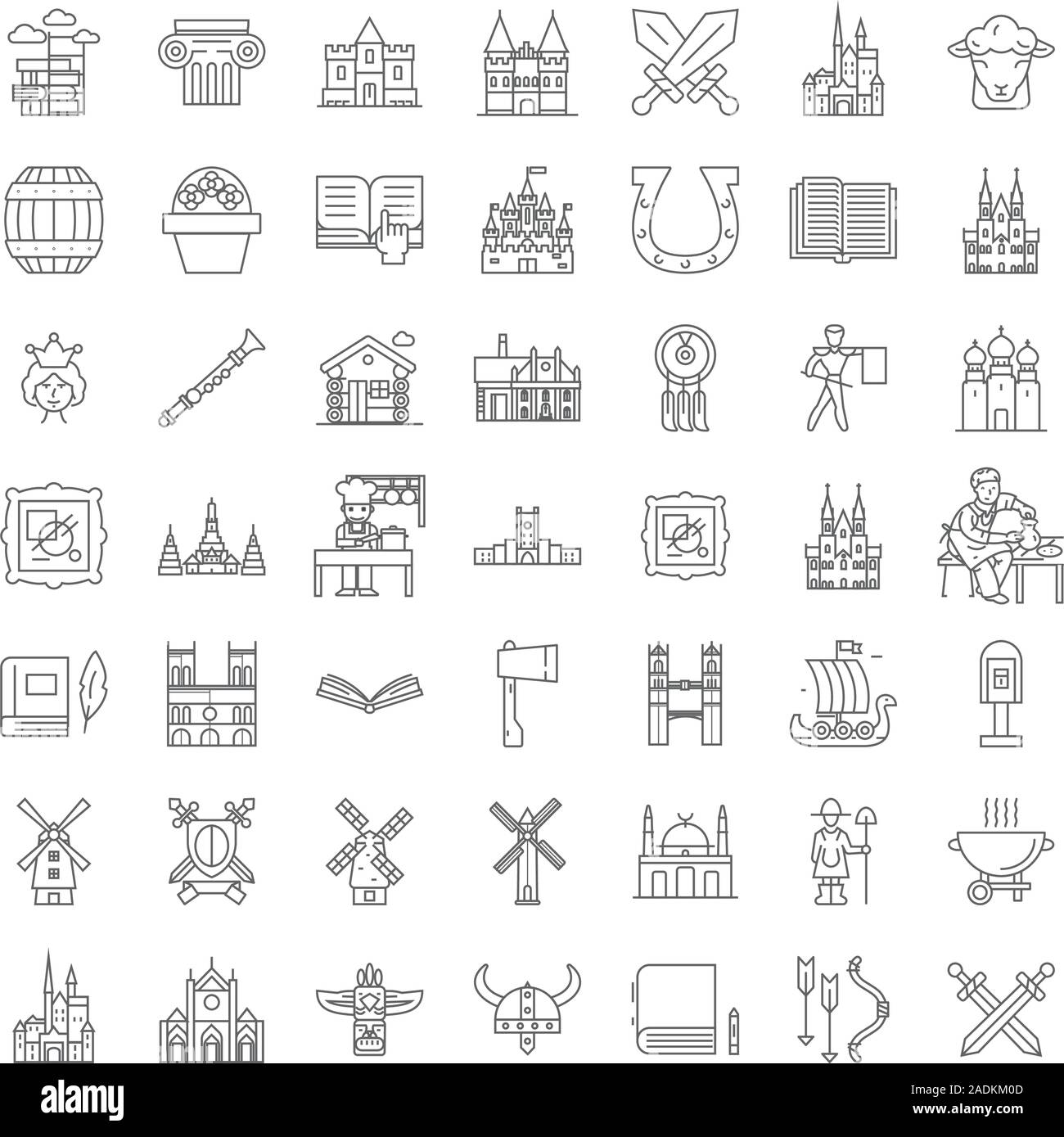 Medieval time line icons, signs, symbols vector, linear illustration ...