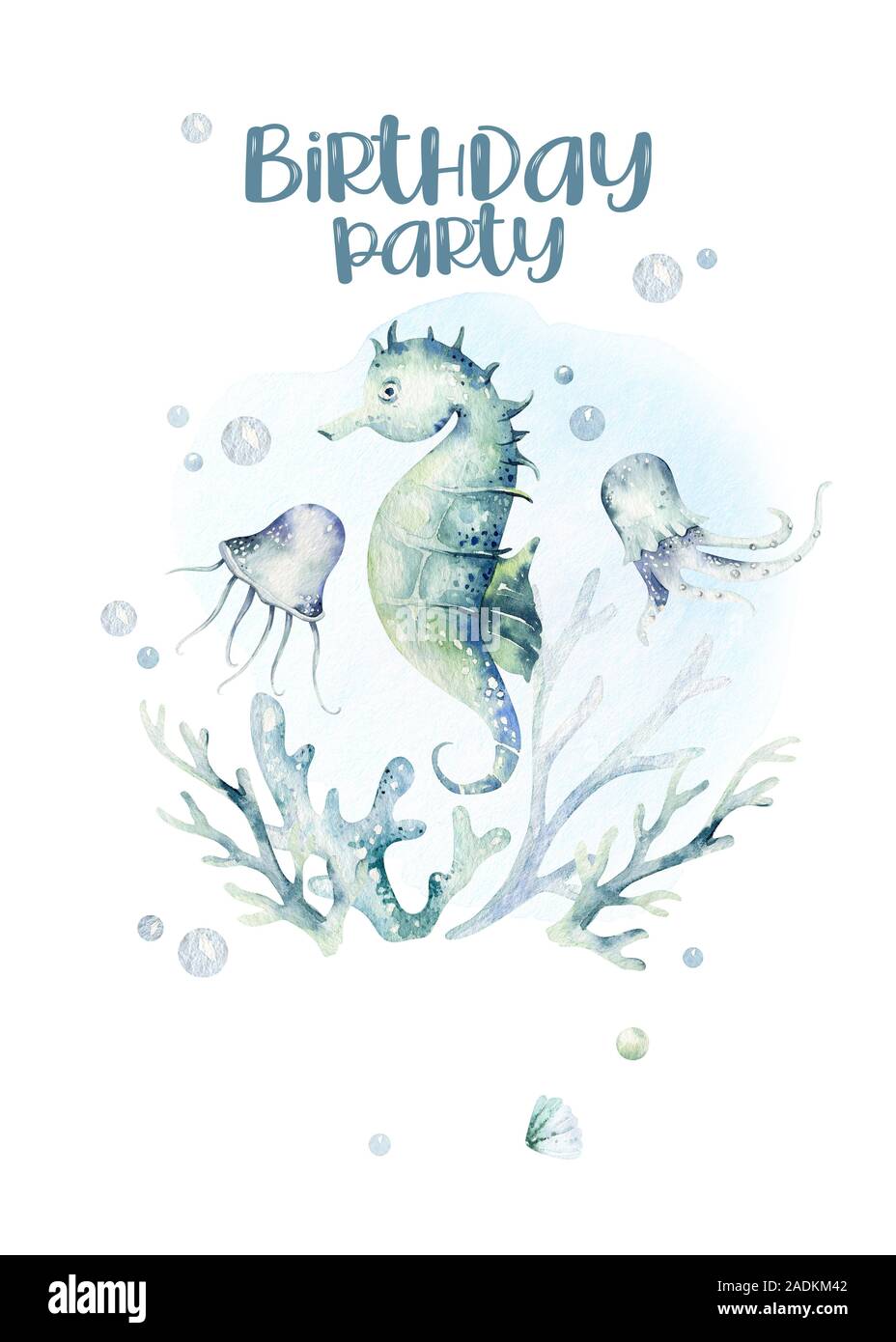 sea animals aquarium baby happy birthday poster. Blue watercolor ocean ...