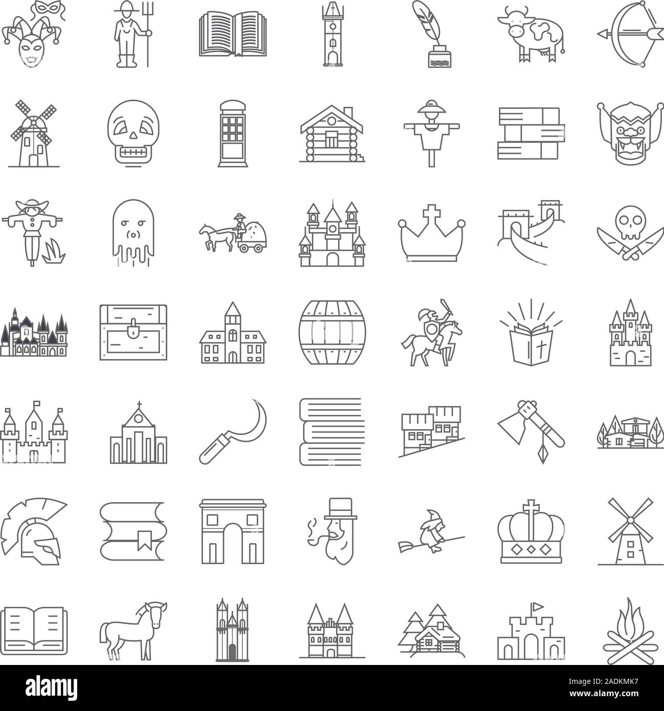 Medieval linear icons, signs, symbols vector line illustration set ...