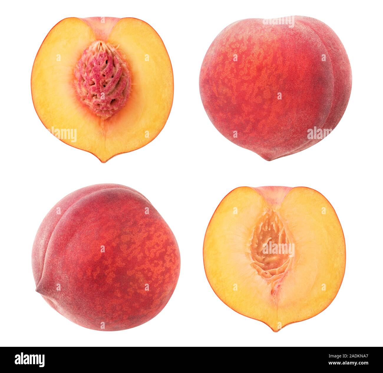 isolated peach collection. Whole fruits and halves isolated on white ...