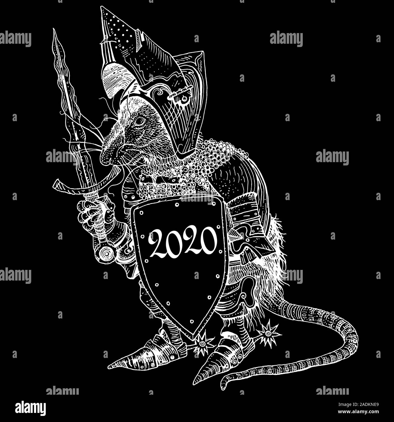 Rat in medieval knight armor with a shield. Symbol of New Year 2020 ...