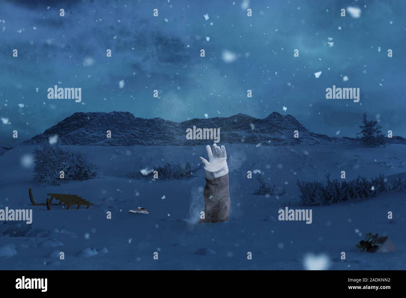 Santa Claus stretching out his snow covered hand to signal help because ...