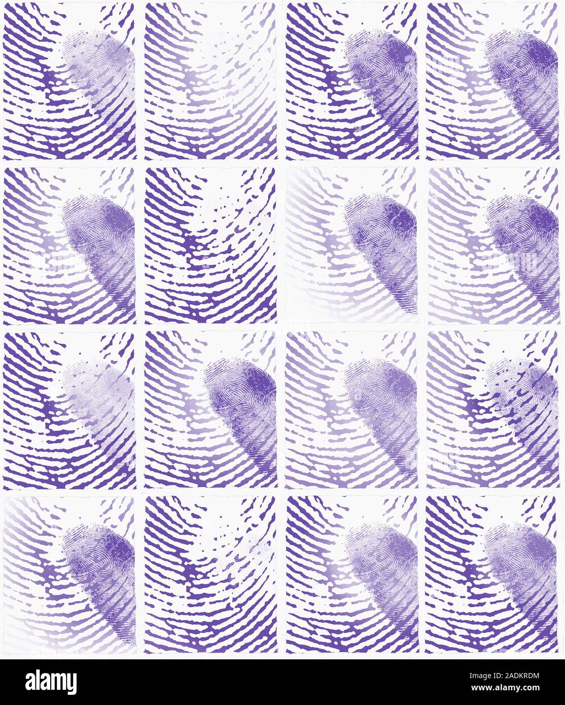 Fingerprints. Computer illustration of multiple images of coloured ...
