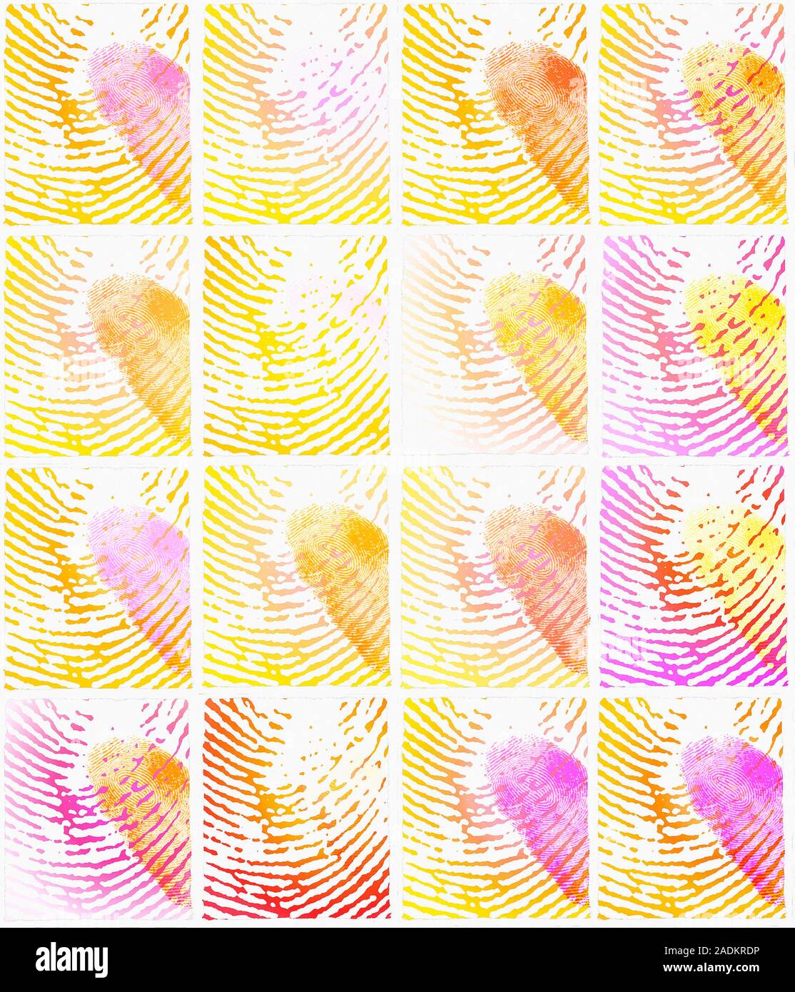 Fingerprints. Computer illustration of multiple images of coloured ...