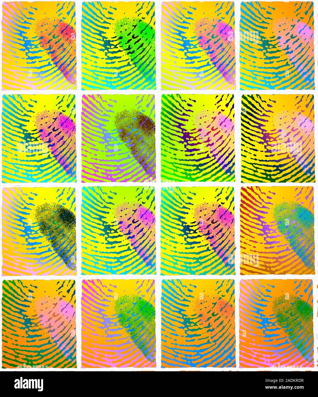 Fingerprints. Computer illustration of multiple images of coloured ...