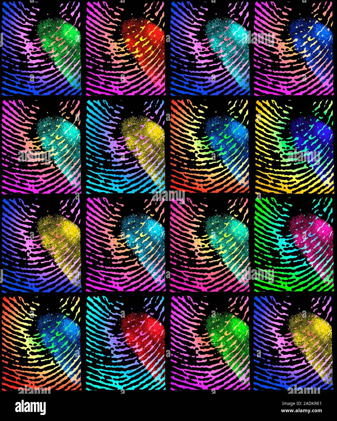 Fingerprints. Computer illustration of multiple images of coloured ...
