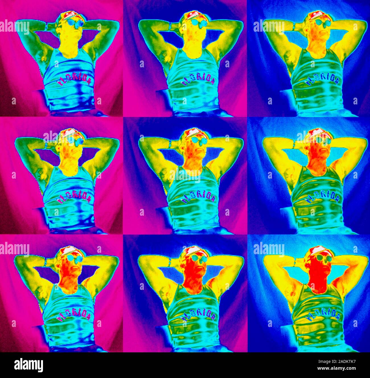 Thermograms of a man sunbathing. Thermograms show the emission of ...