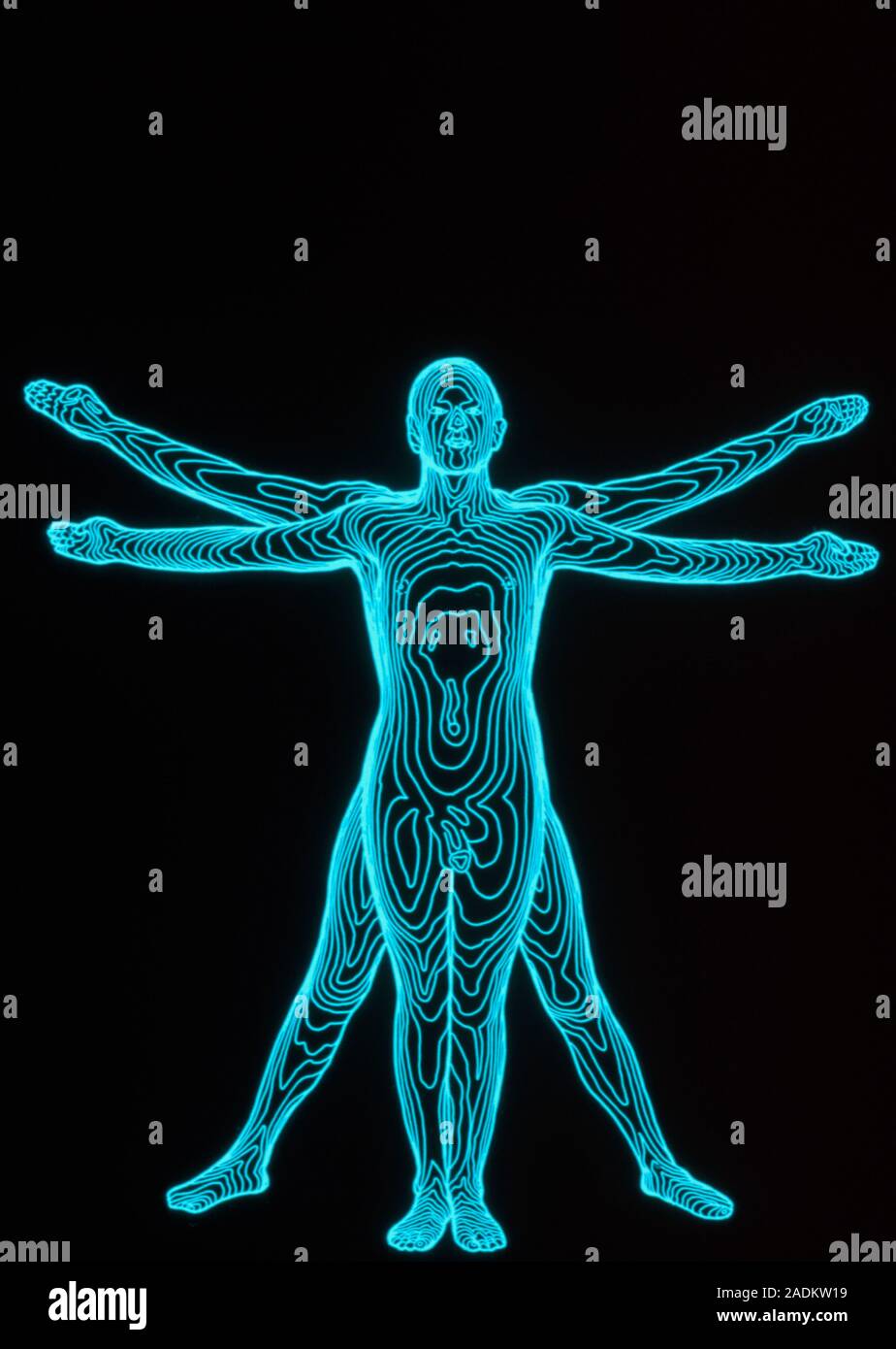 Contoured Leonardo": contour map collage (deep blue tint) of a man ...