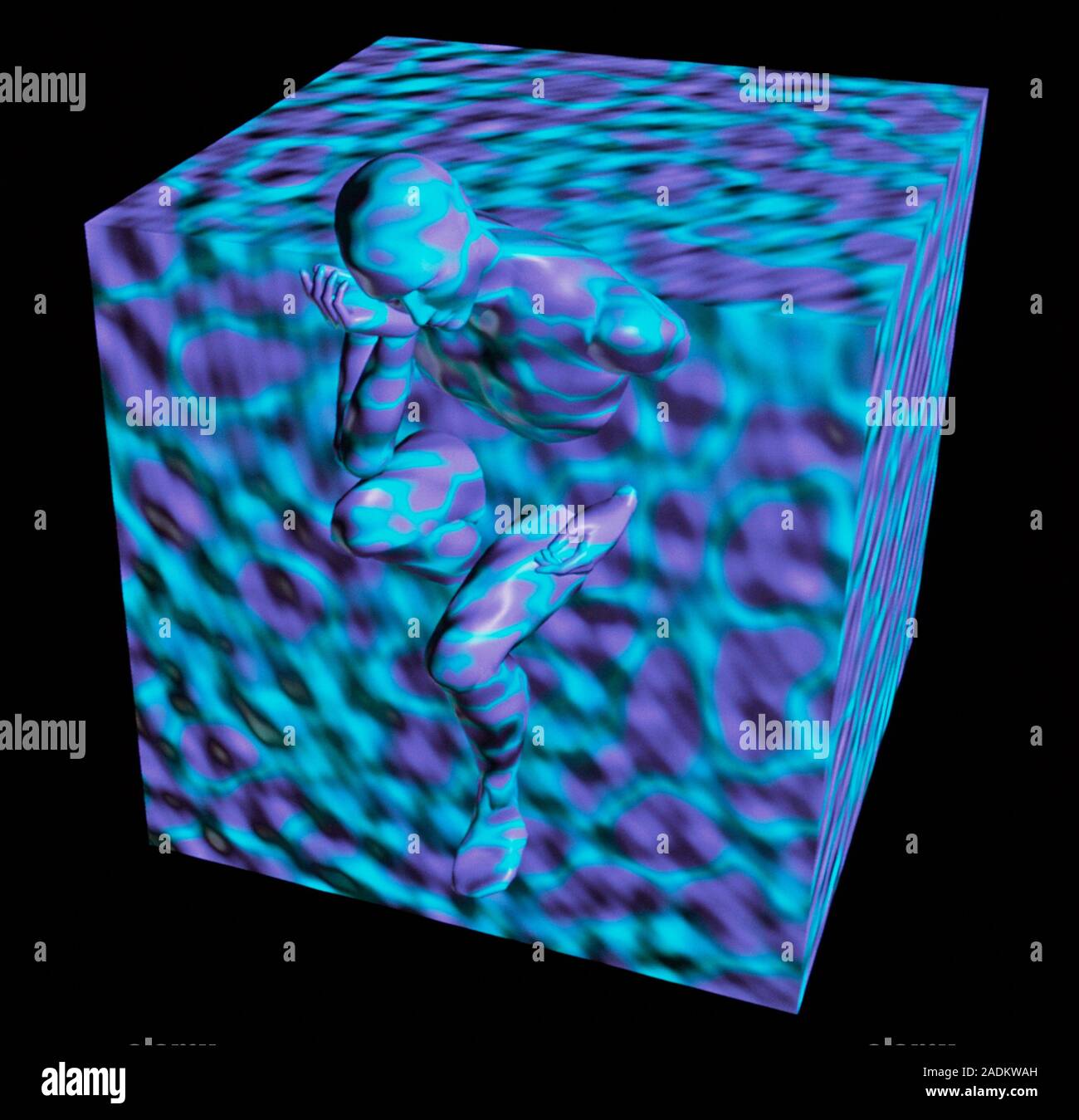Human emerging from a cube. Computer illustration of a human thinker ...