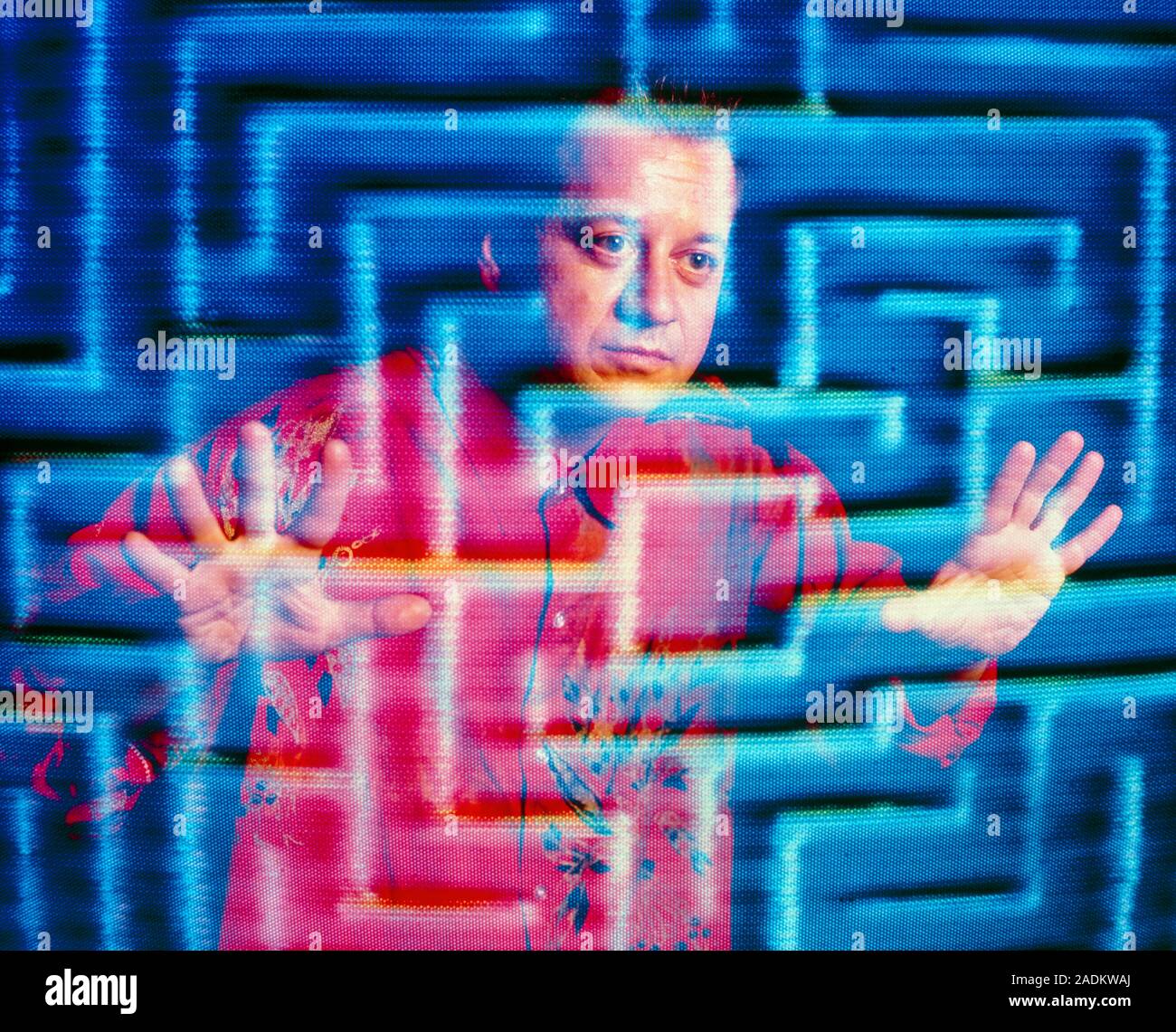 Electronic maze. Abstract depiction of a man in a electronic maze. He ...