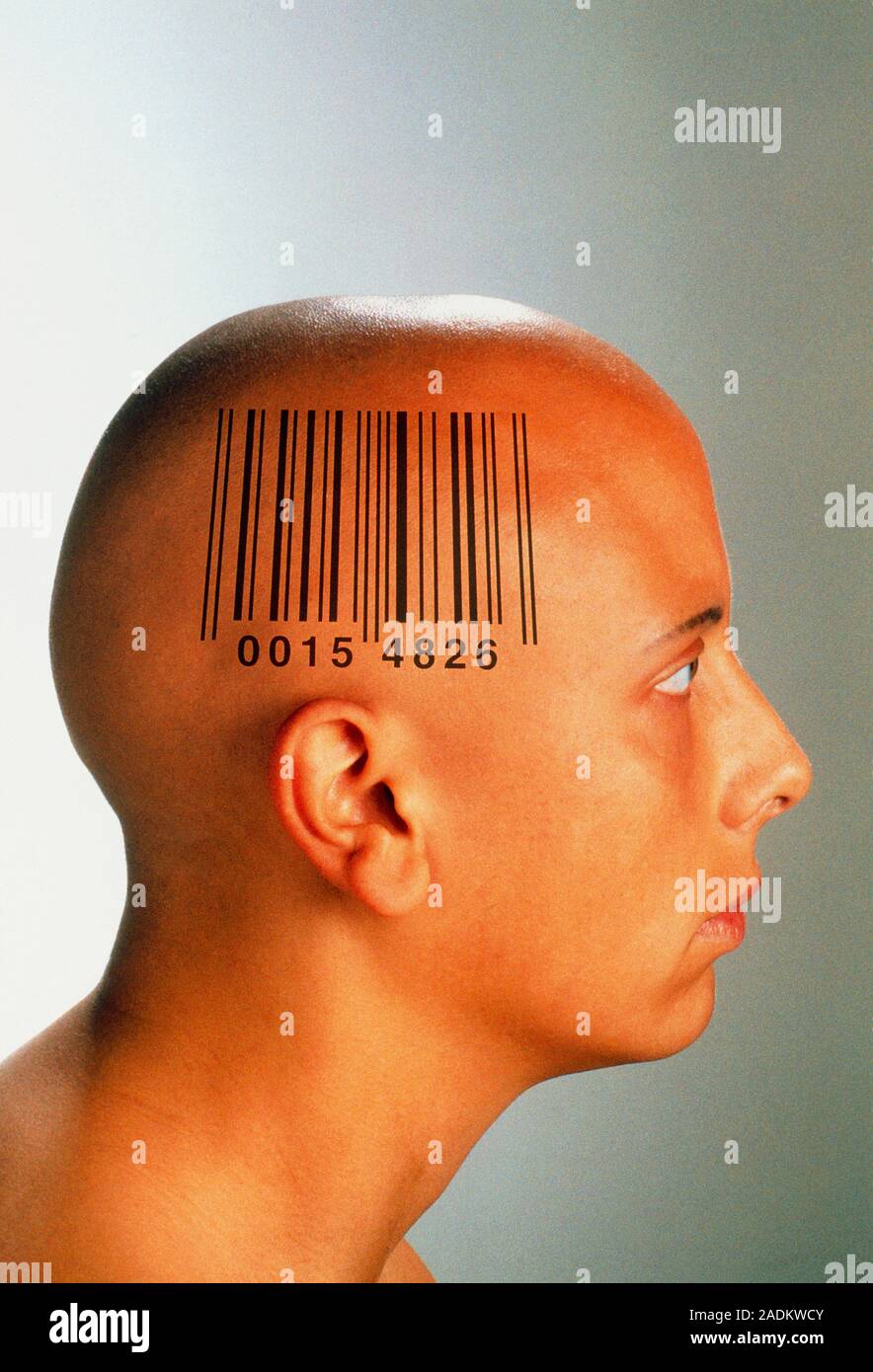 Consumer society. Conceptual image of a bar code printed onto a woman's ...