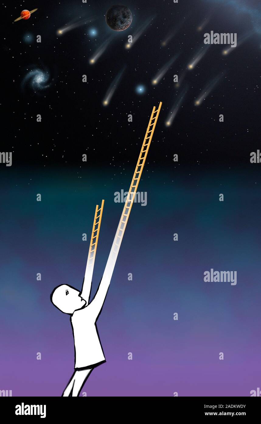 Reaching for the stars. Conceptual artwork of a human figure whose ...