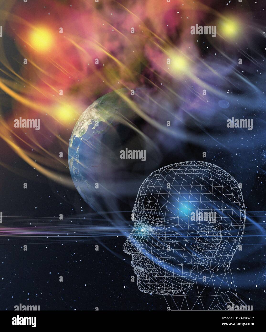 Head in space. Conceptual computer artwork of a wire-frame model of a ...