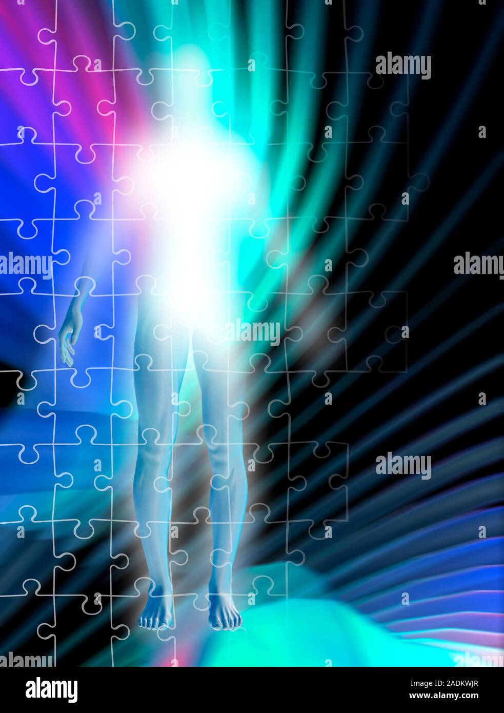 Shining body. Computer artwork of a shining human body overlaid by a ...