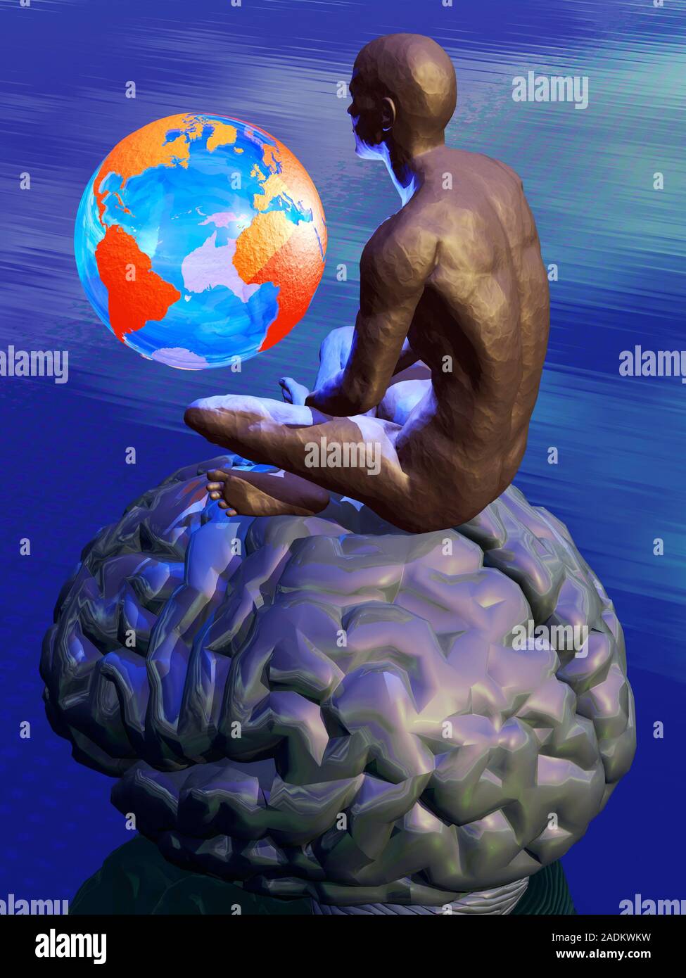 Global thought. Conceptual computer artwork of a man sitting on a human ...