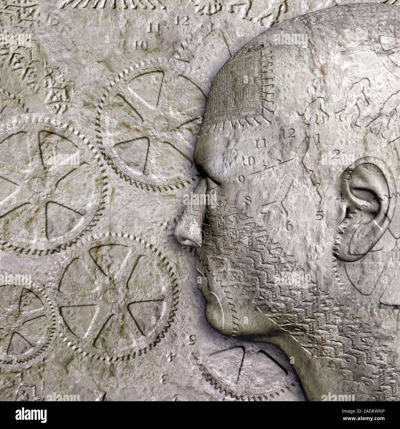 Anthropocene. Conceptual artwork of stone carved with images of a human ...