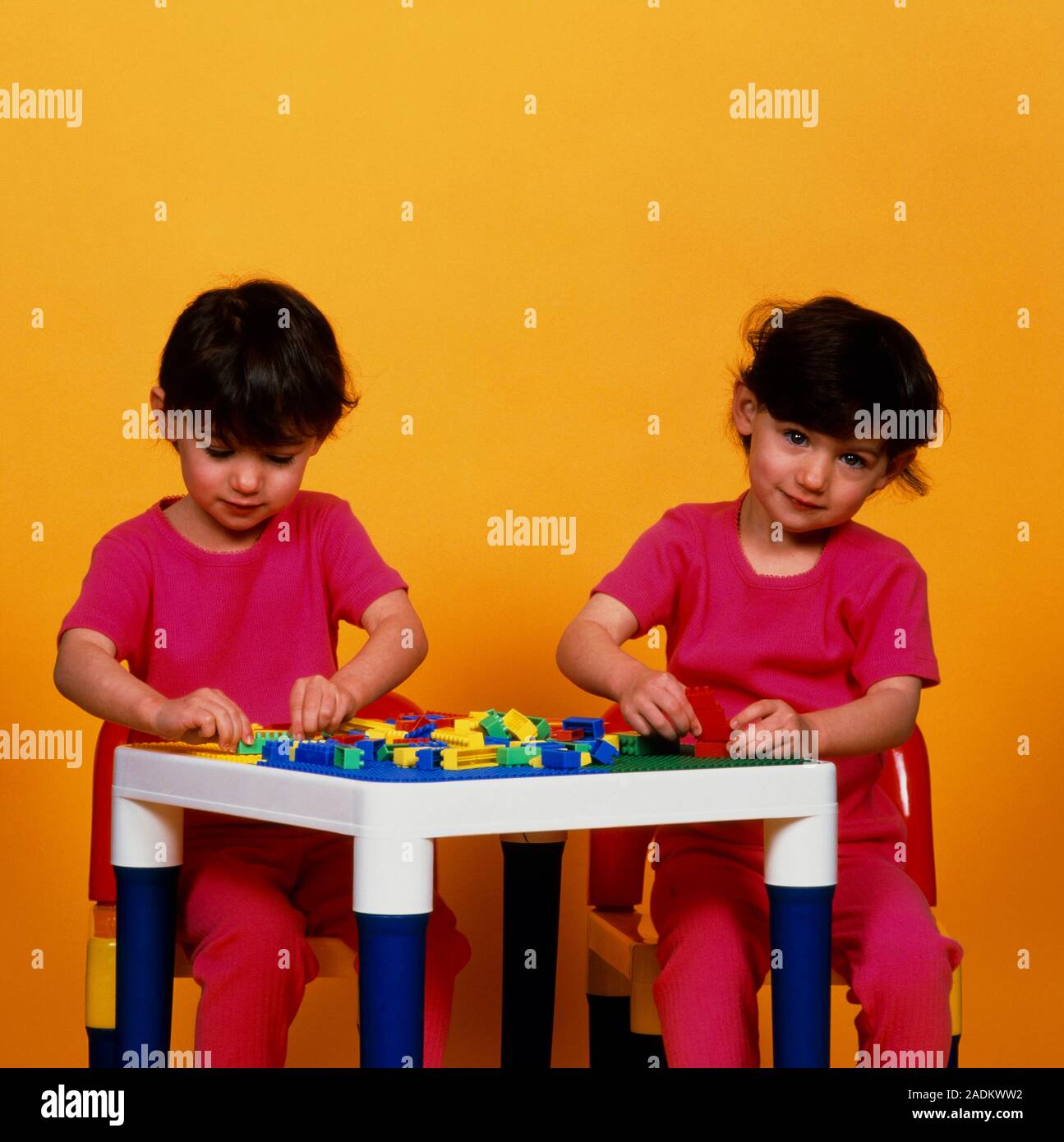 Identical twins. Three year old identical twin girls playing together ...