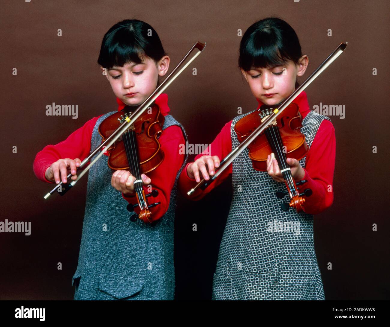 Identical twin sisters playing the violin. Genetically identical ...