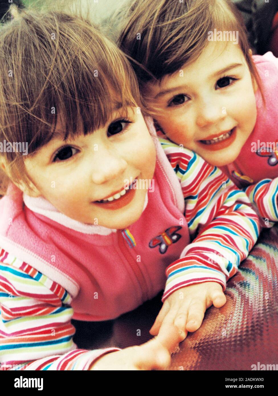 Identical 3-year-old twin girls. Genetically identical (monozygotic ...