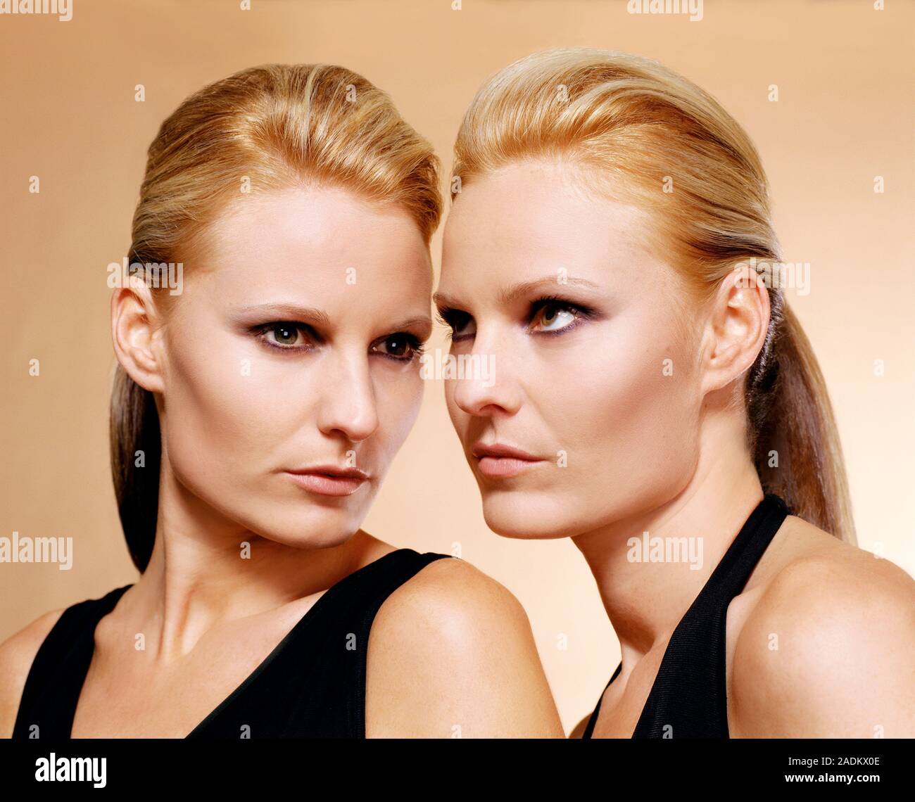 MODEL RELEASED. Identical twin sisters. Genetically identical ...