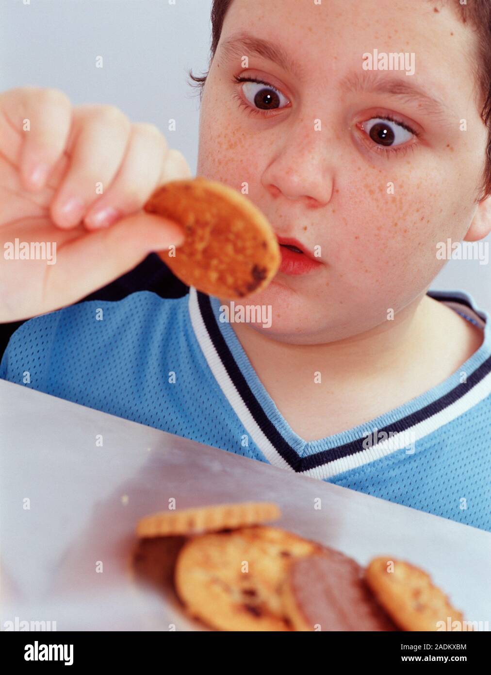 Eating biscuits. Boy holding a biscuit with a surprised expression ...
