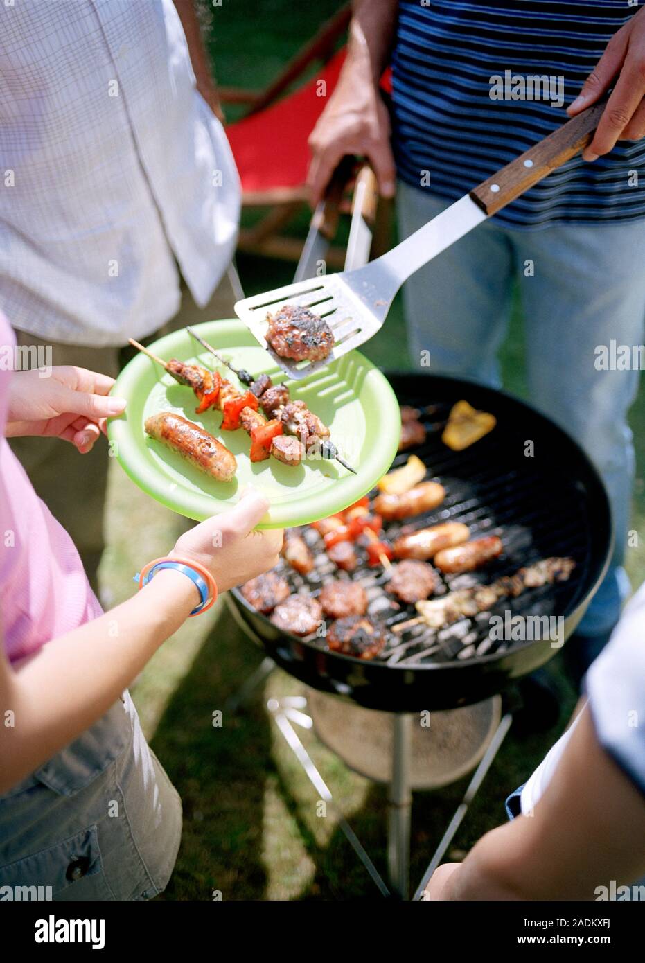 MODEL RELEASED. Barbecue food. Girl being served food from a barbecue ...