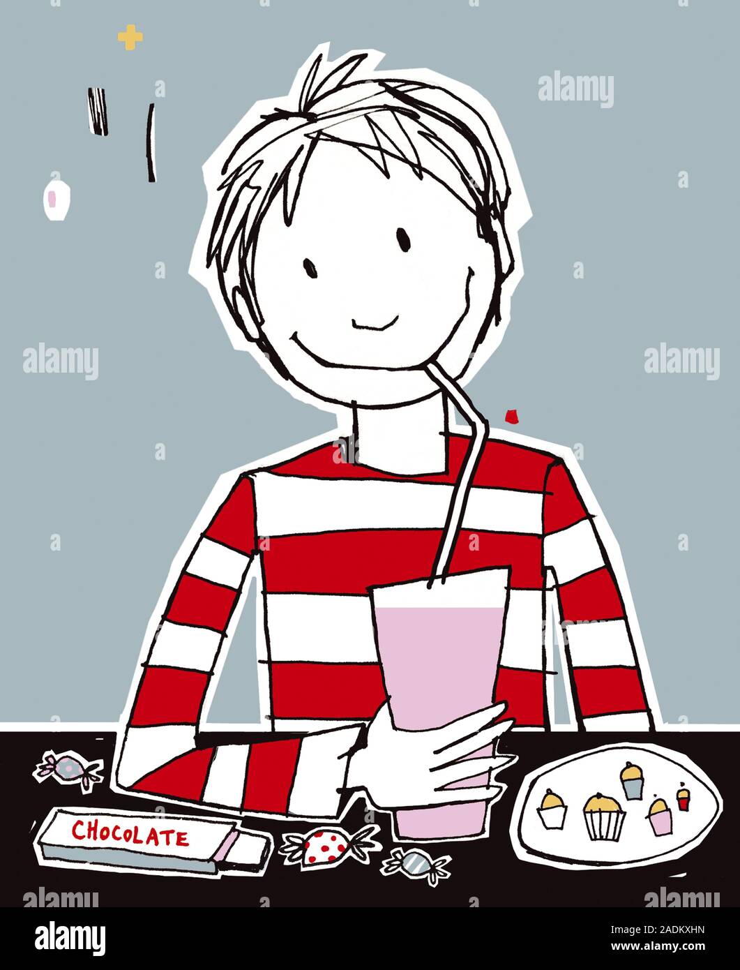 Junkfood, computer artwork. Young boy eating sweets and drinking a ...