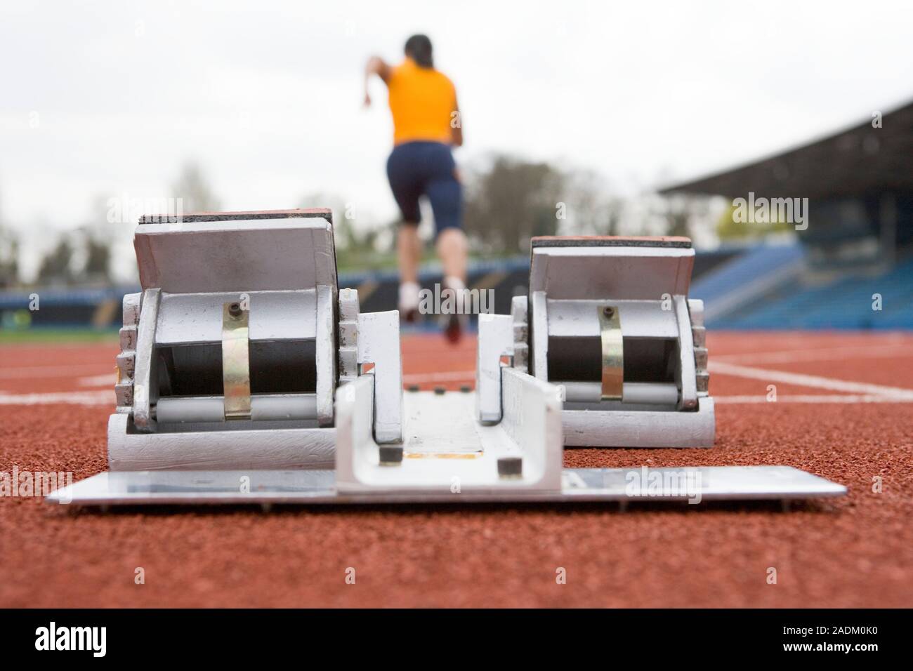 MODEL RELEASED. Athletics starting blocks used in running. In athletics ...
