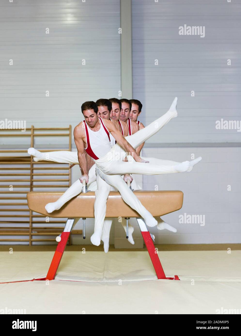 Gymnast performing on a pommel horse. Composite high-speed photograph ...