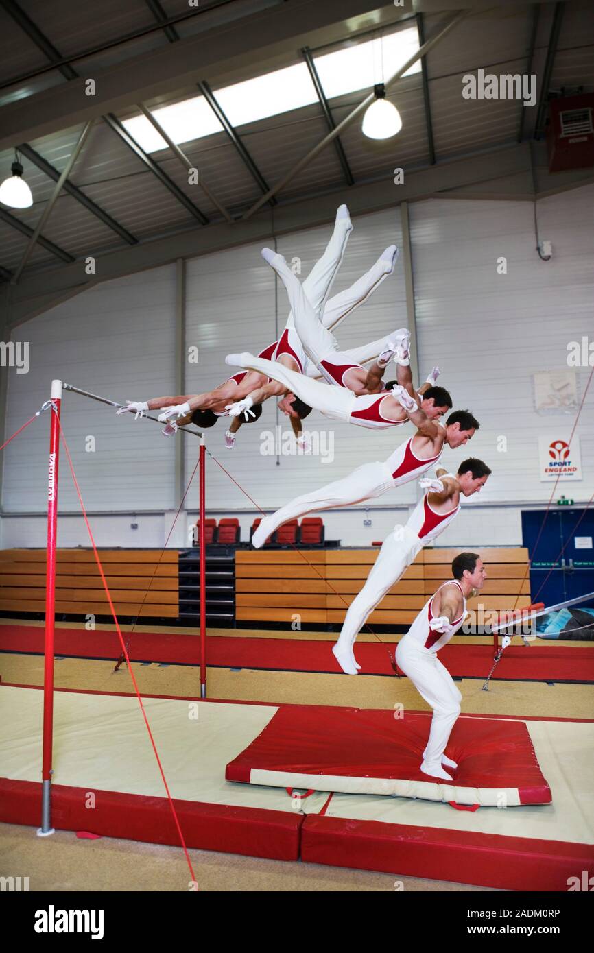 MODEL RELEASED. Gymnast performing. Composite high-speed photograph of ...