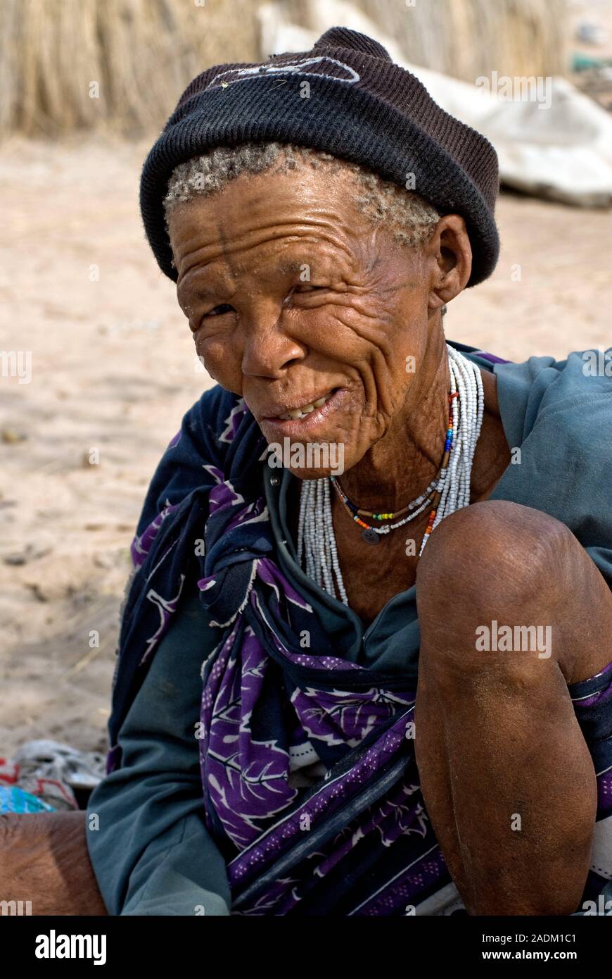 Bushman woman in her village near Tsumkwe, Kalahari Desert, Namibia ...