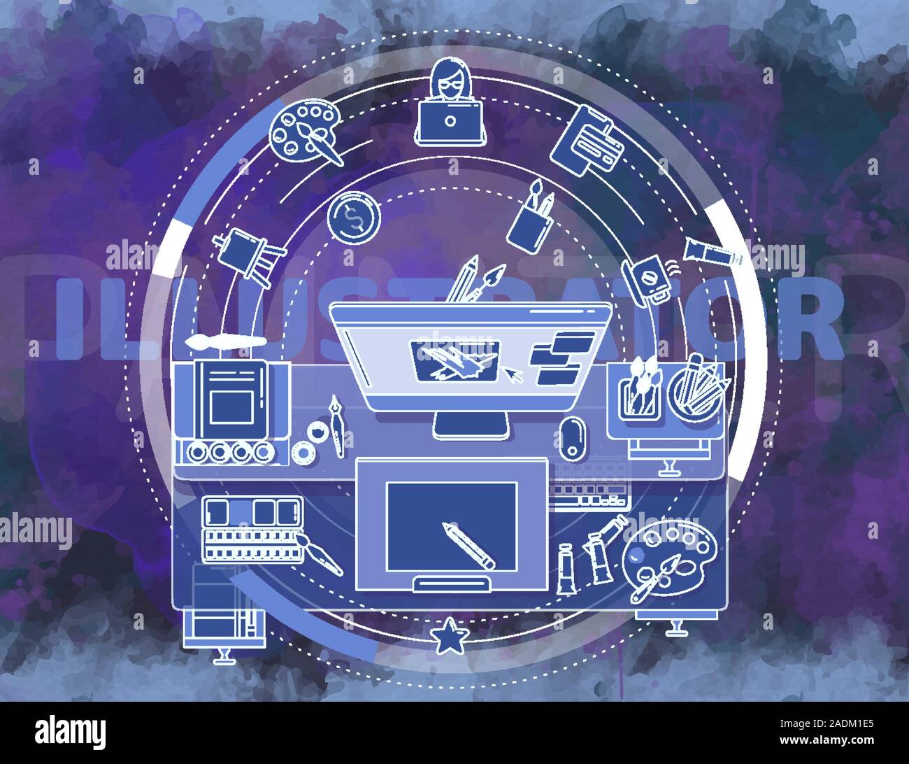 Complex promotional poster about the work and workspace of illustrators ...