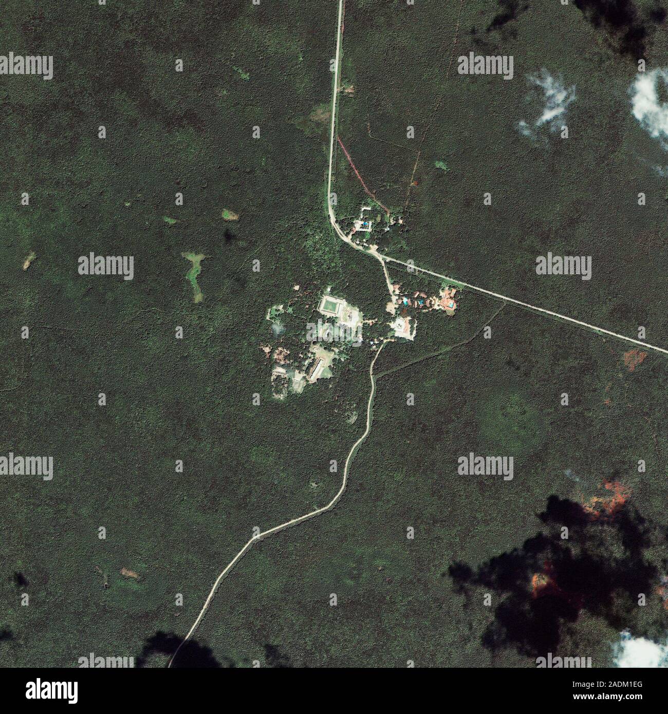 Uxmal, Mexico, satellite image. North is at top. The ruins of this city are at centre ...