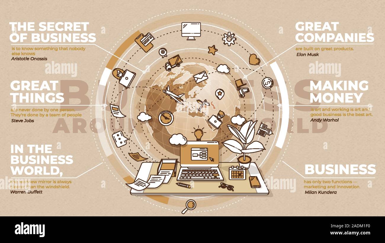 Advertising illustration about business around the world with text ...