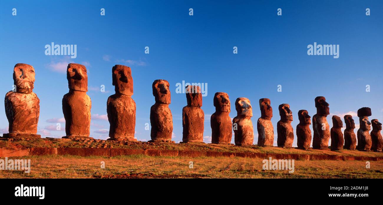 Easter Island statues. Row of megalithic moai statues on Easter Island ...